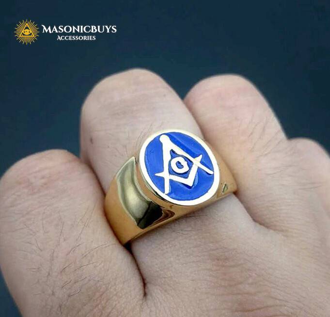 Gold Vintage Blue Lodge Masonic Ring With Blue Enamel | MasonicBuys