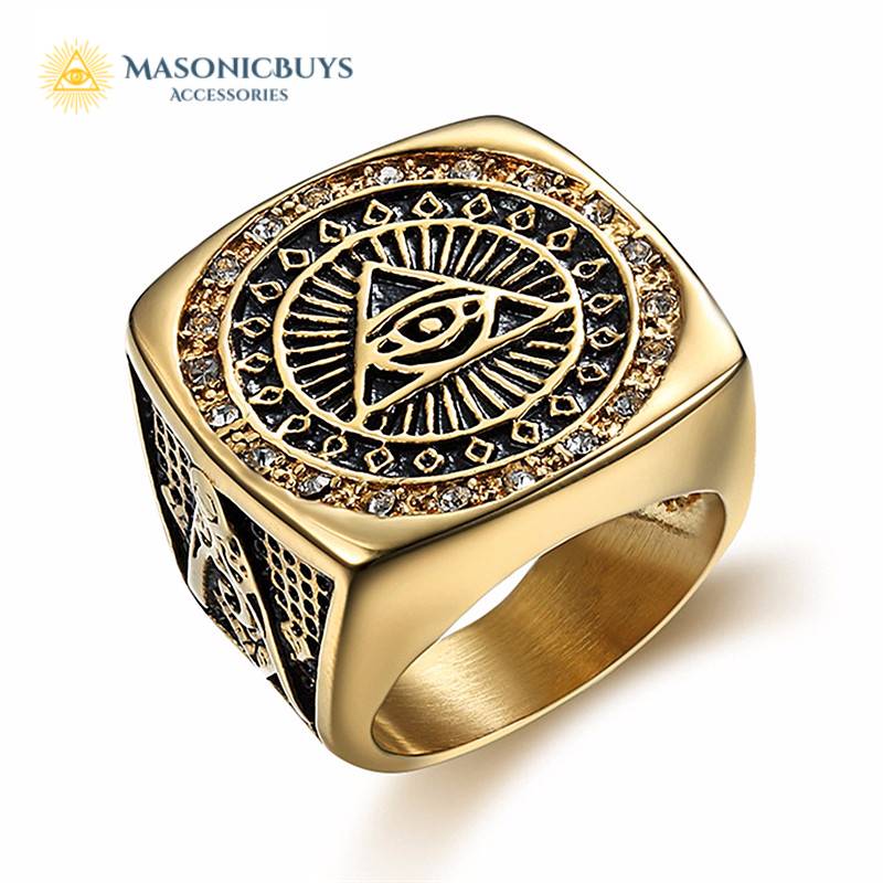 Large Golden Masonic Ring With Small Crystals | MasonicBuys
