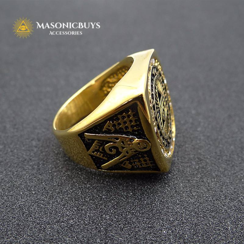 Large Golden Masonic Ring With Small Crystals | MasonicBuys