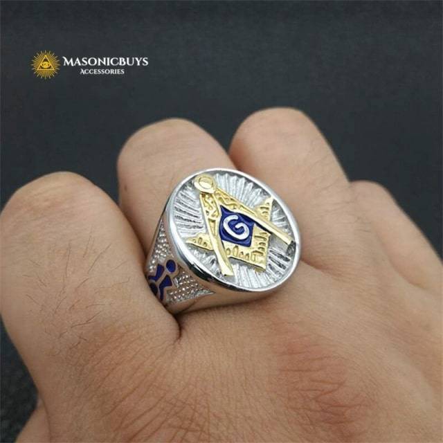 Silver Blue Lodge Masonic Ring With Golden Freemason Symbol | MasonicBuys