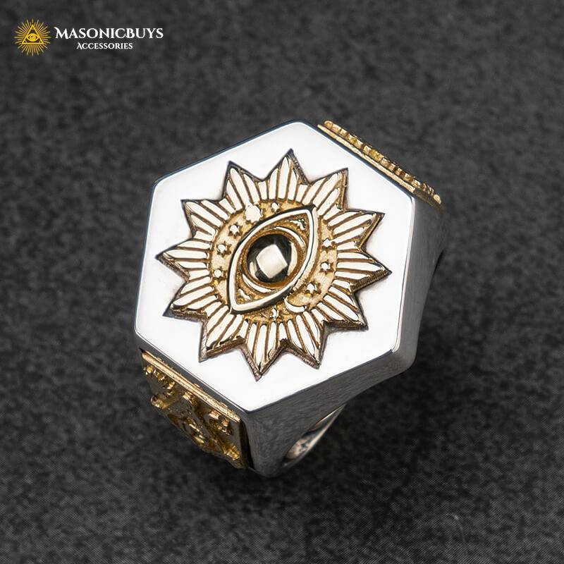 Masonic Eye of Providence Ring, Hexagon, 925 Silver | MasonicBuys