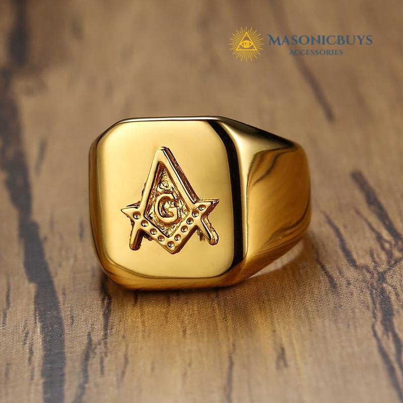 High Polished Golden Men's Masonic Ring With Compass & Square Symbol ...
