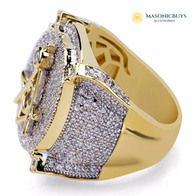 14K Gold Plated Masonic Ring With Cubic Zirconias | MasonicBuys
