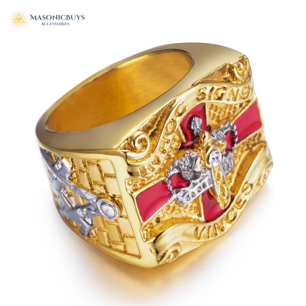 Gold Plated Knights Templar Ring with Royal Red Crown | MasonicBuys