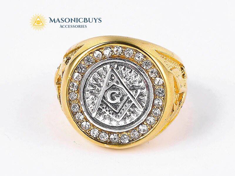 Shiny Gold Plated Masonic Ring With Cubic Zirconia Stones | MasonicBuys