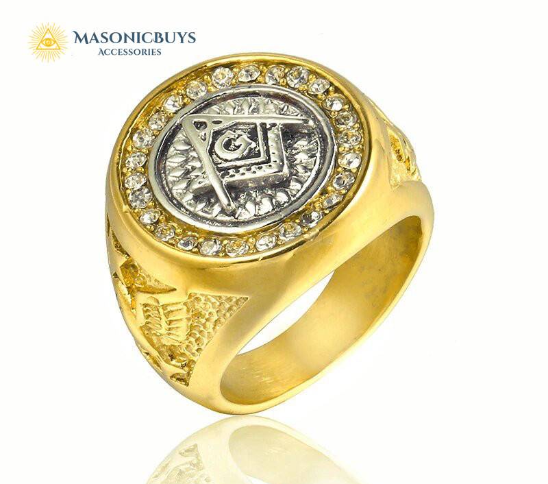 Shiny Gold Plated Masonic Ring With Cubic Zirconia Stones | MasonicBuys