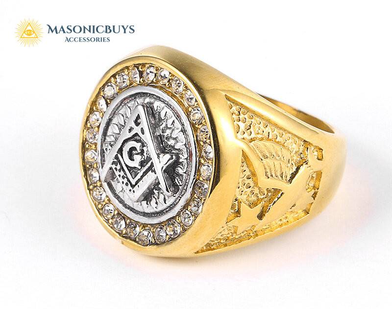 Shiny Gold Plated Masonic Ring With Cubic Zirconia Stones | MasonicBuys