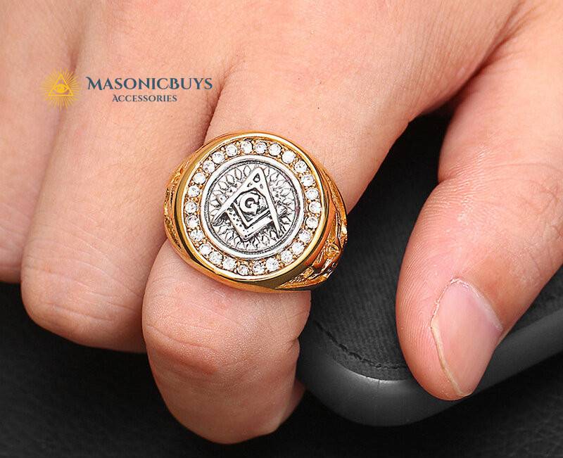 Shiny Gold Plated Masonic Ring With Cubic Zirconia Stones | MasonicBuys