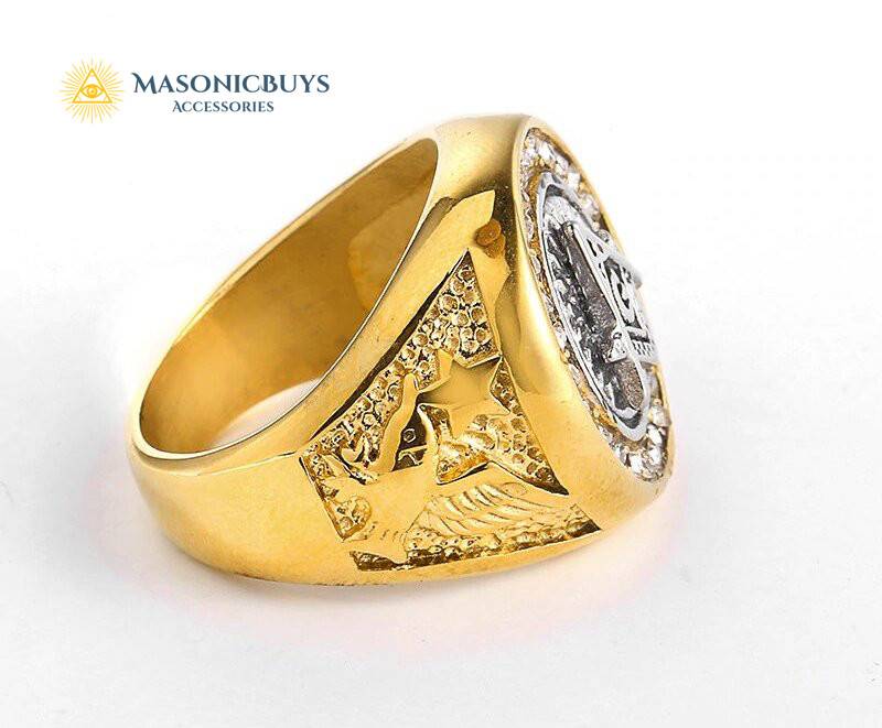 Shiny Gold Plated Masonic Ring With Cubic Zirconia Stones | MasonicBuys