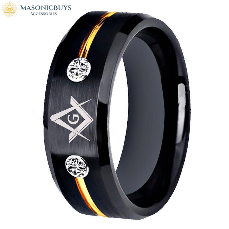Black & Gold Tungsten (Wolfram) Masonic Ring With White Stones ...