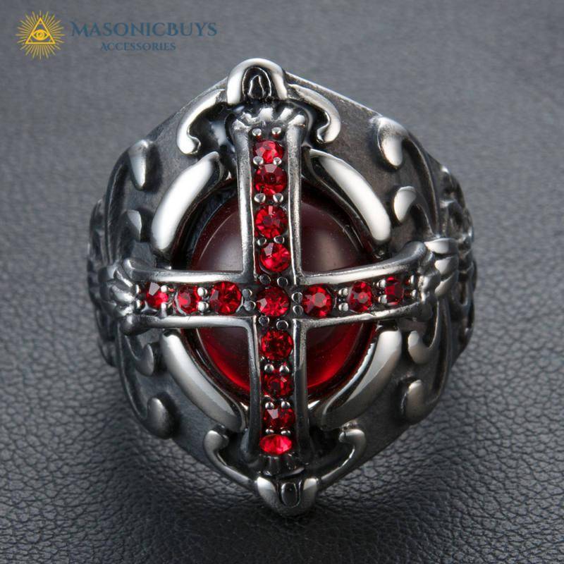Knights Templar Cross Ring with Red Stones | MasonicBuys