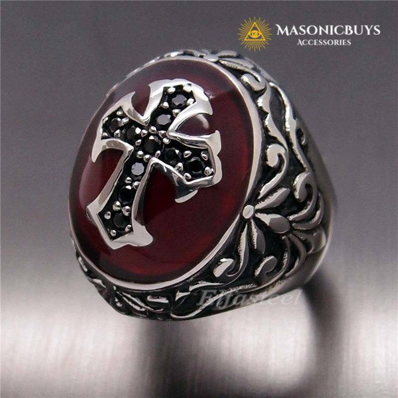 Outstanding Knights Templar Ring With Cross on Red Background | MasonicBuys