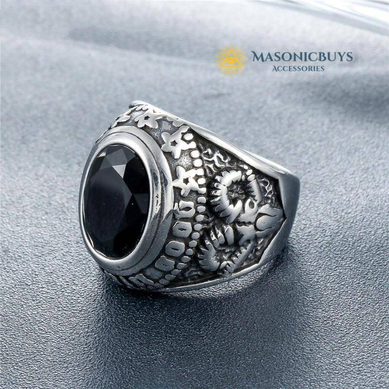 Masonic Ring With Ancient Symbols And Large Stone | MasonicBuys