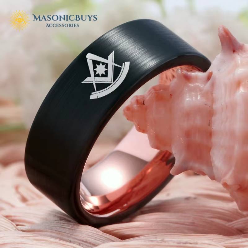 Black & Rose Gold Tungsten Masonic Past Master Ring | MasonicBuys