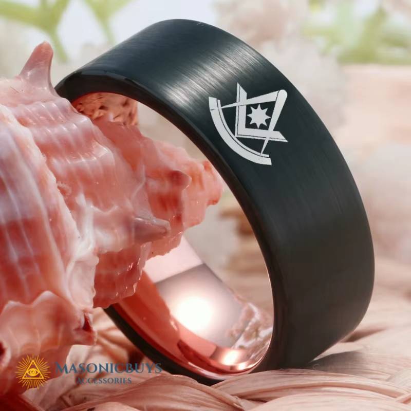 Black & Rose Gold Tungsten Masonic Past Master Ring | MasonicBuys